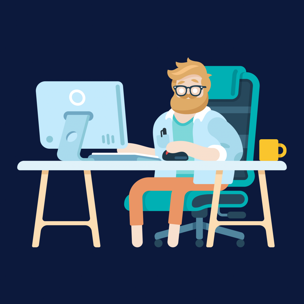 Creative man at computer 2 navy backgd - HelloGrads